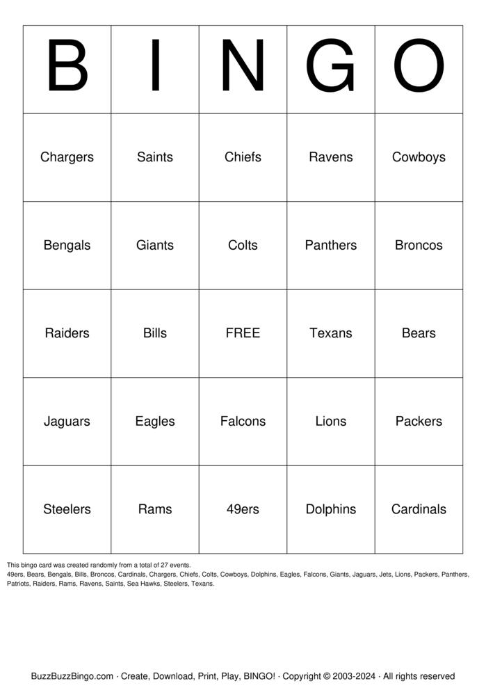 NFL Bingo Cards to Download, Print and Customize!