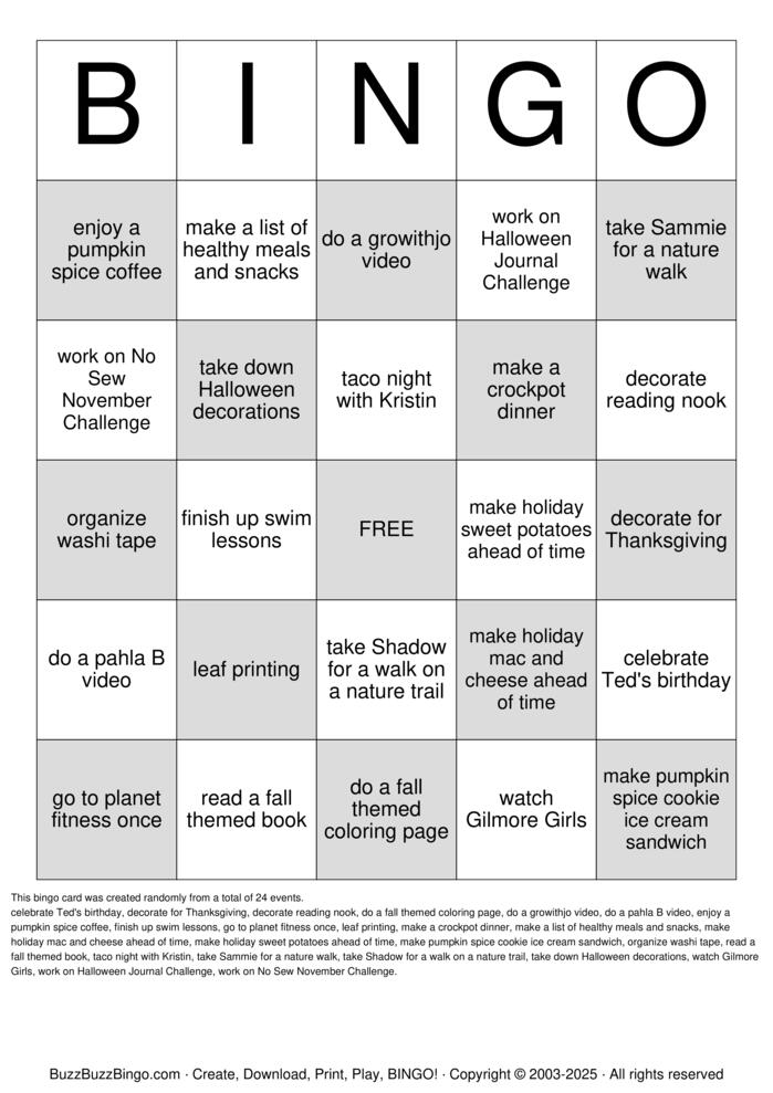 November Bingo Cards to Download, Print and Customize!