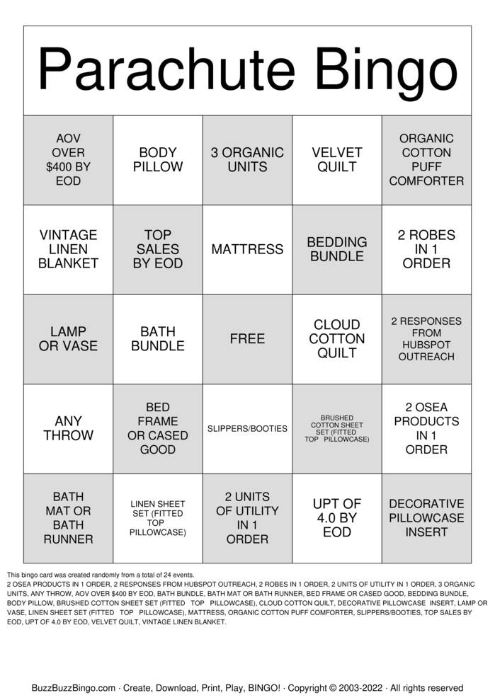Parachute Bingo Cards to Download, Print and Customize!