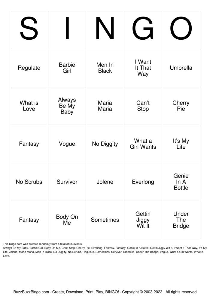 SINGO - CLASSIC Bingo Cards to Download, Print and Customize!