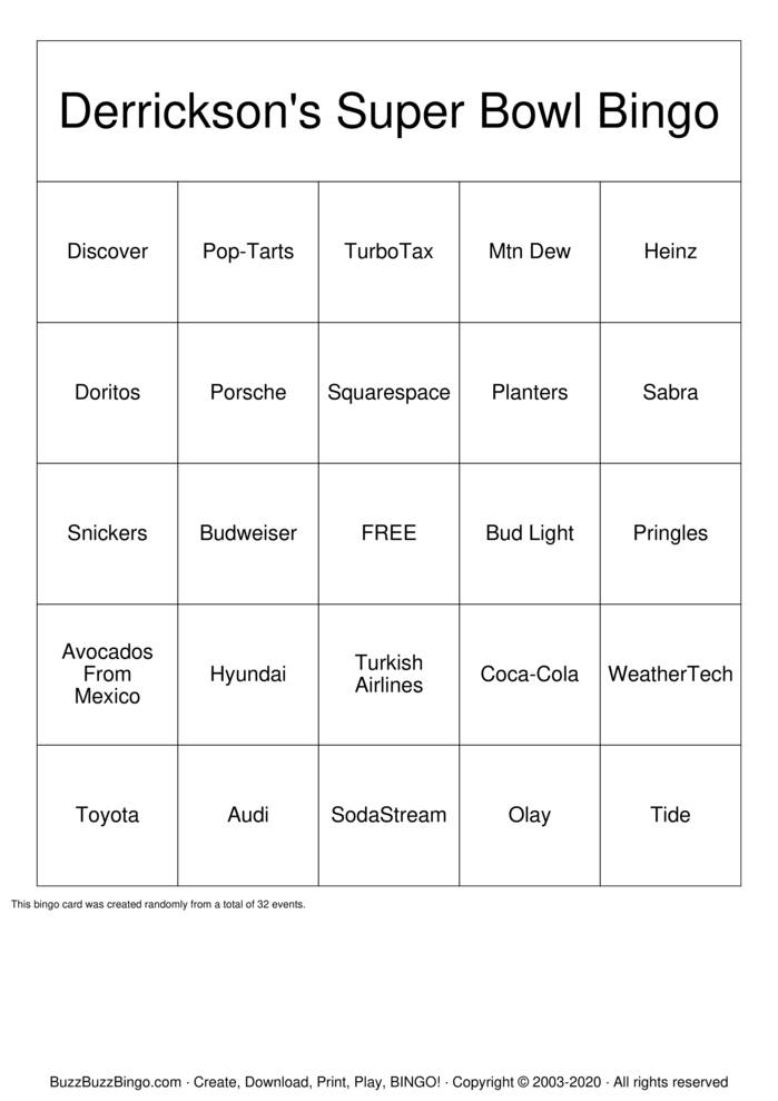2020 Superbowl Commercials Bingo Cards to Download, Print and Customize!