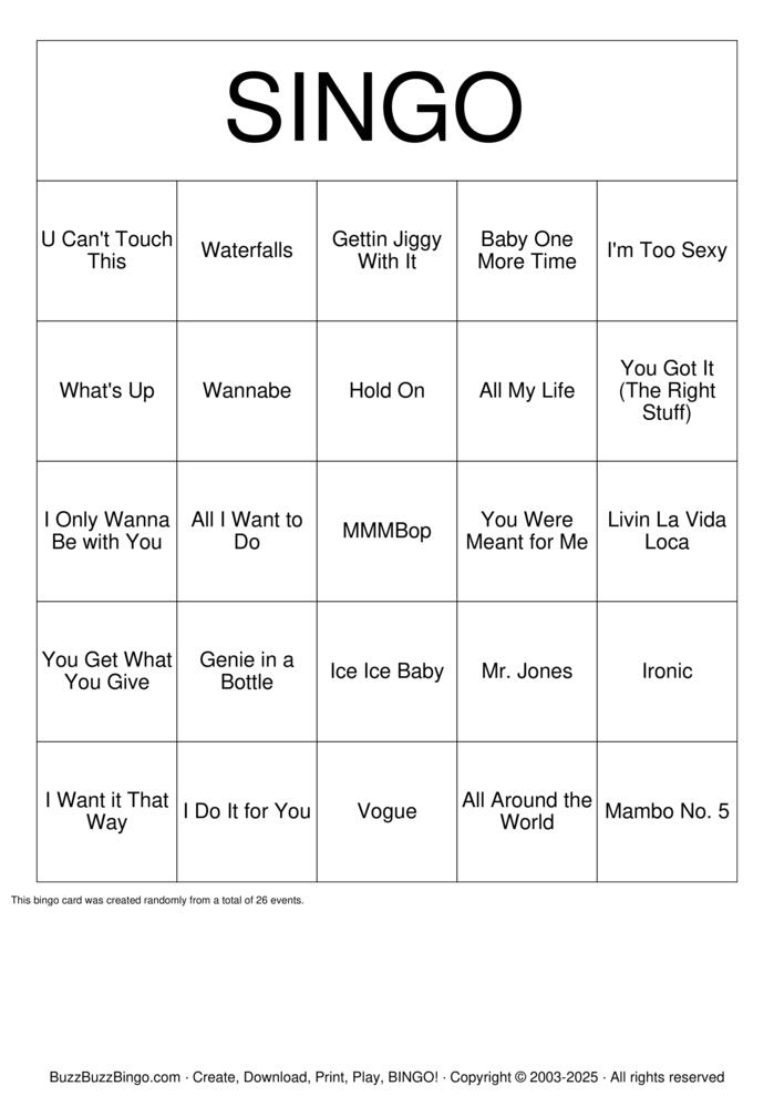 90's Pop Second Round Music Bingo Cards to Download, Print and Customize!