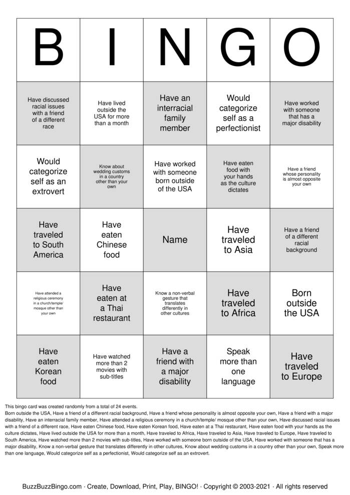 Cultural Diversity Bingo Cards to Download, Print and Customize!
