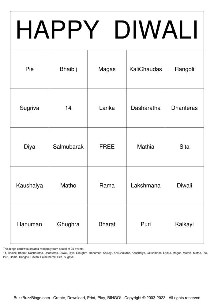 Diwali Bingo Bingo Cards to Download, Print and Customize!