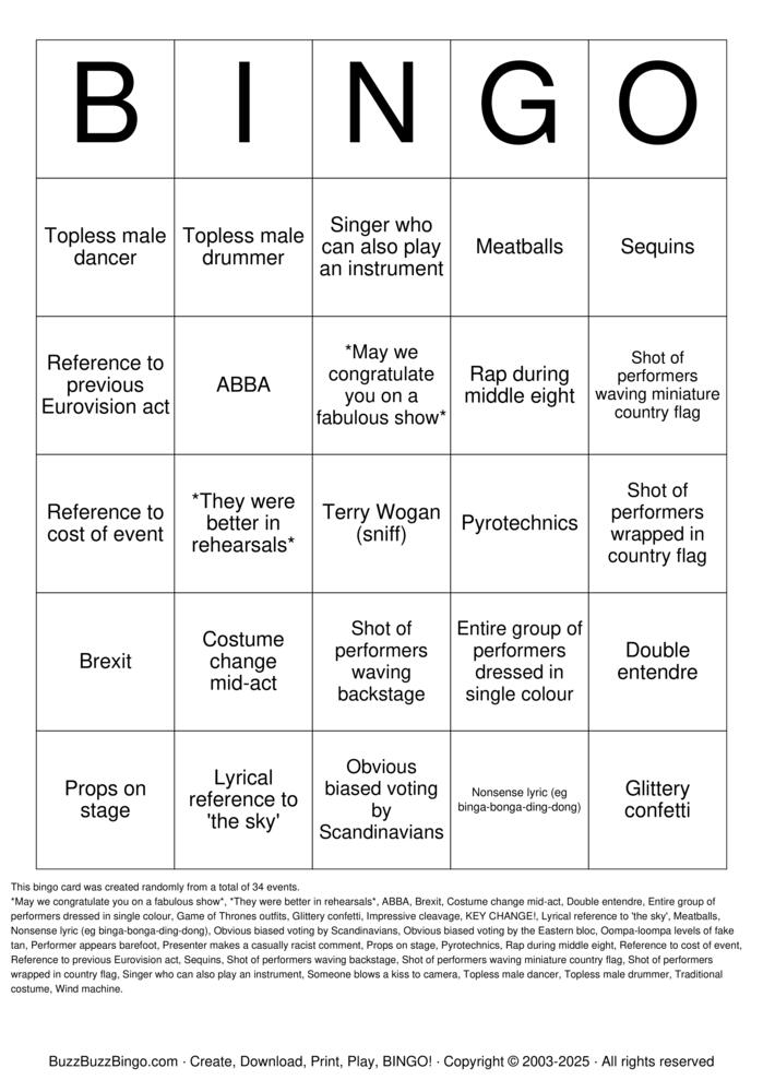 EUROVISION! Bingo Cards to Download, Print and Customize!