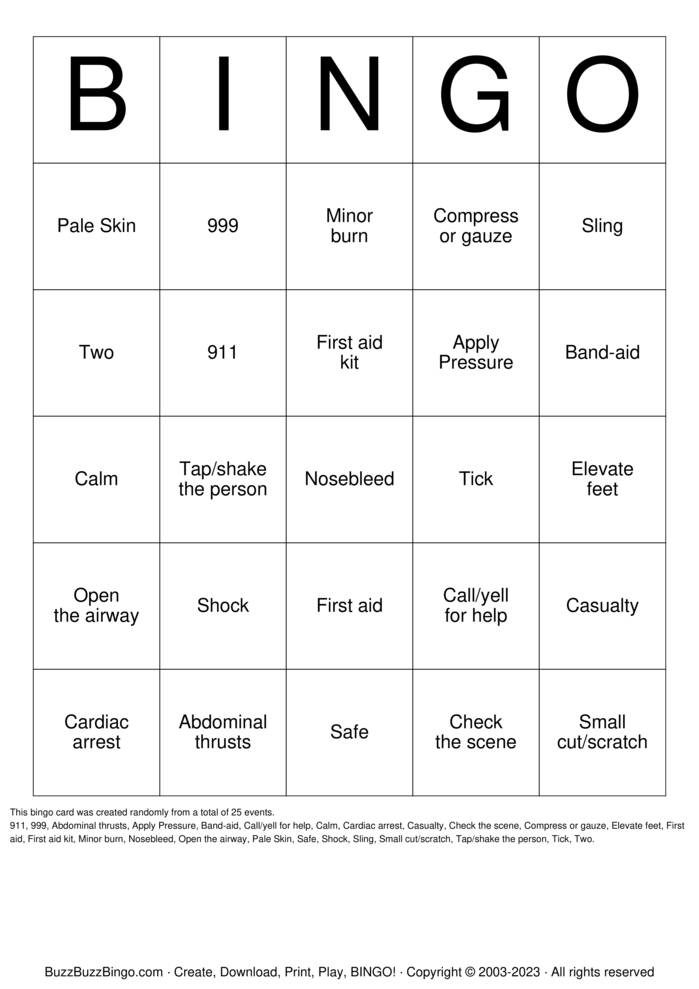 First Aid Bingo Bingo Cards to Download, Print and Customize!
