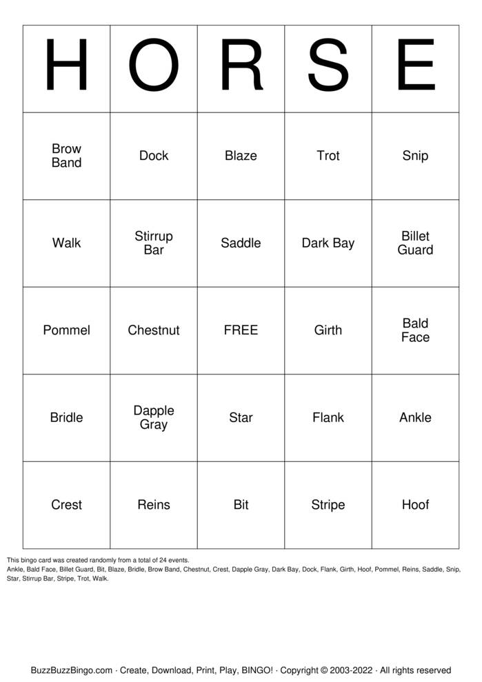 HORSE Bingo Cards to Download, Print and Customize!
