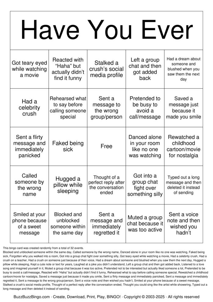 (Have you ever) Bingo Cards to Download, Print and Customize!