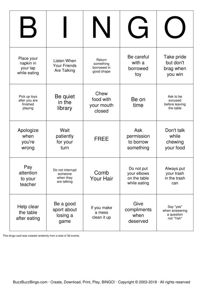 Manners Bingo Cards to Download, Print and Customize!
