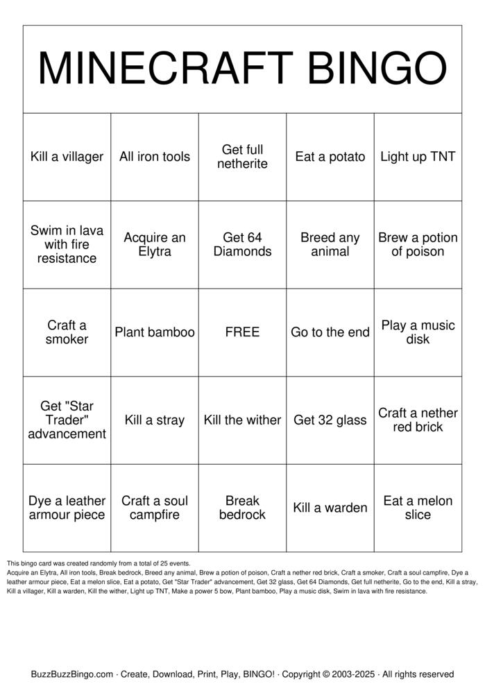 Minecraft Bingo Cards to Download, Print and Customize!