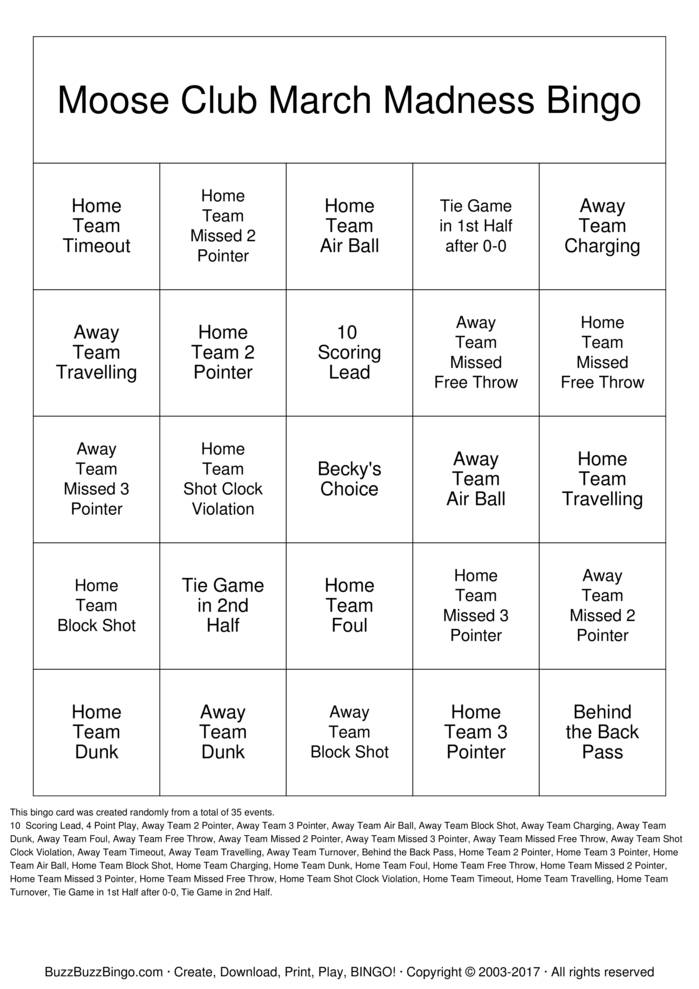 Moose March Madness Bingo Cards to Download, Print and Customize!