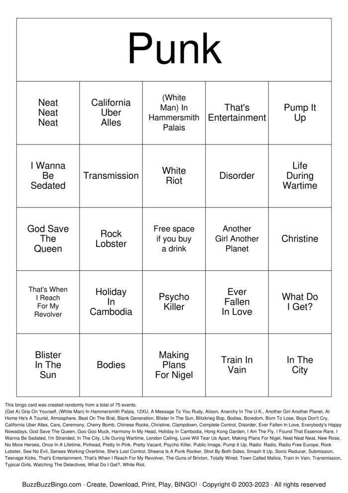 Punk Bingo Cards to Download, Print and Customize!