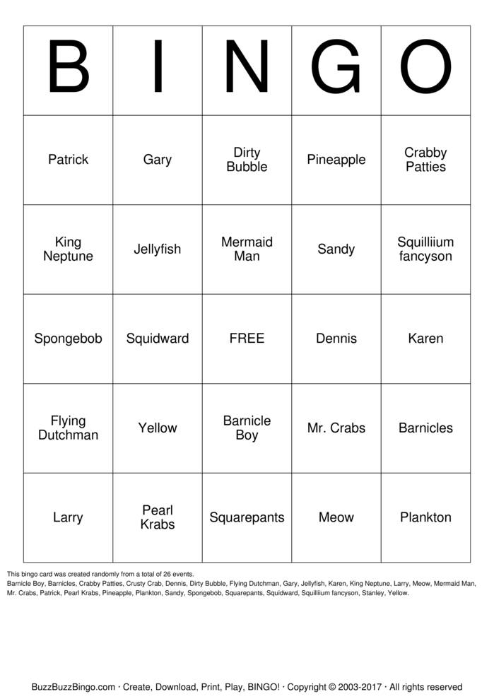 SpongeBob Bingo Cards to Download, Print and Customize!