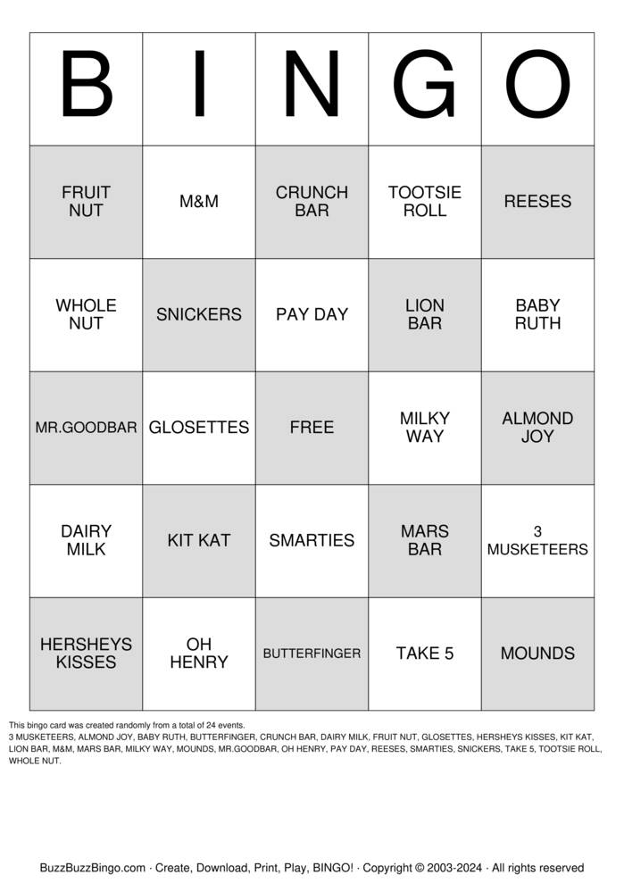 chocolate bars Bingo Cards to Download, Print and Customize!