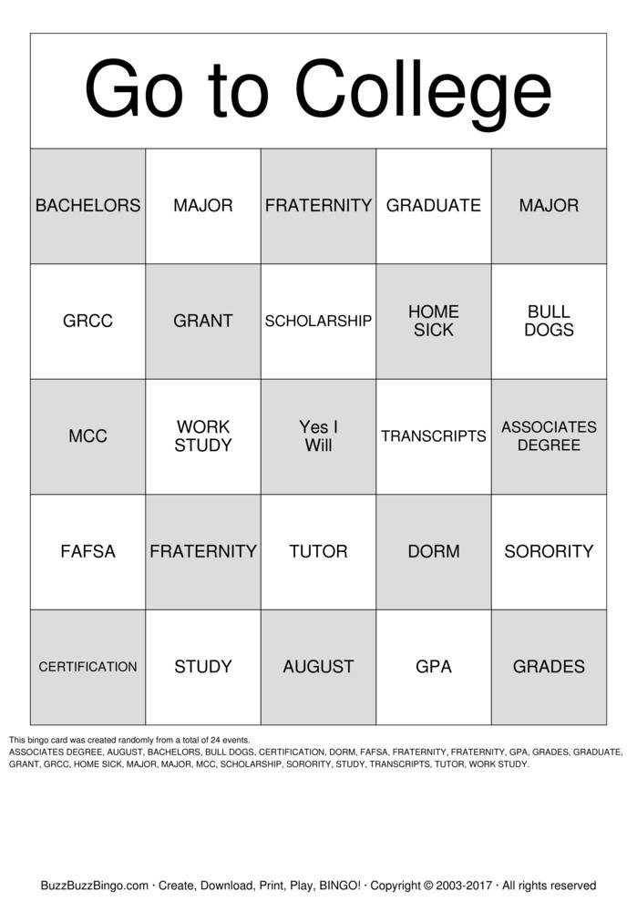 College Bingo Cards to Download, Print and Customize!