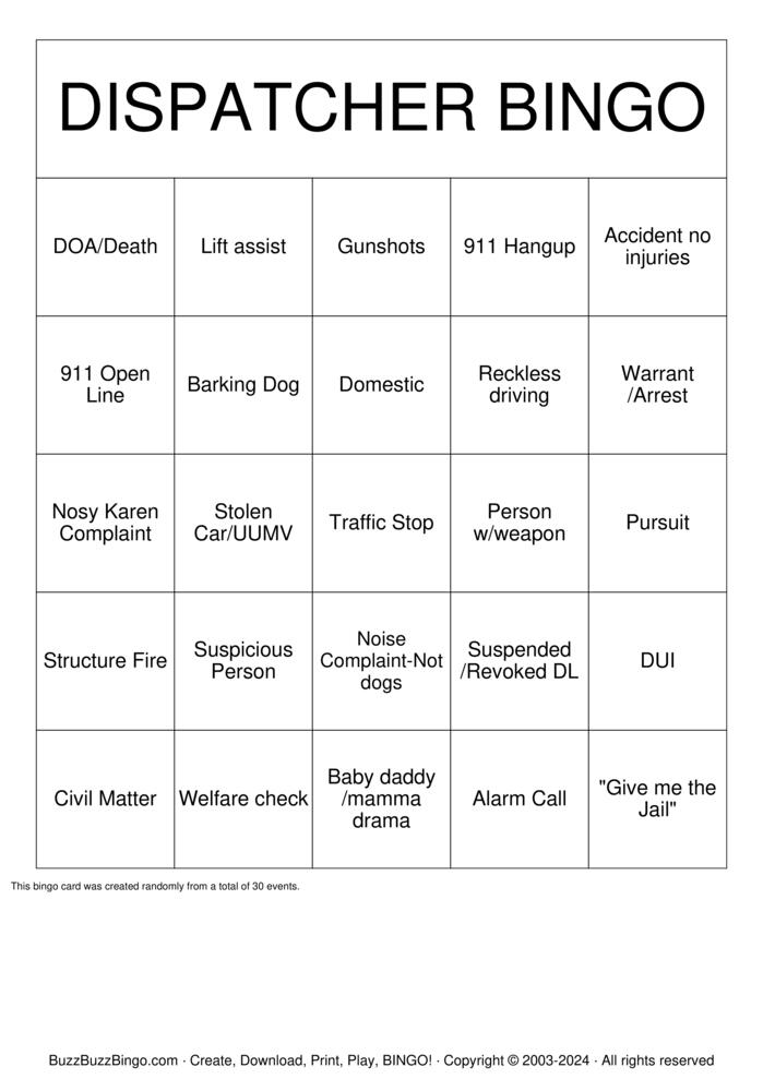 Dispatcher Bingo Cards to Download, Print and Customize!