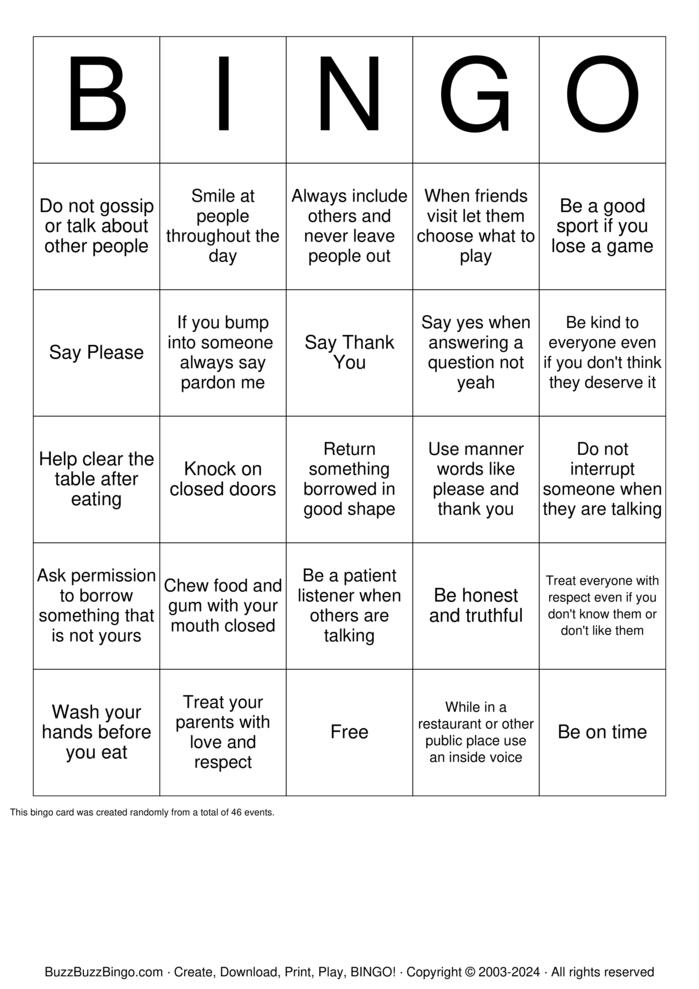 Etiquette & Good Manners Bingo Cards to Download, Print and Customize!