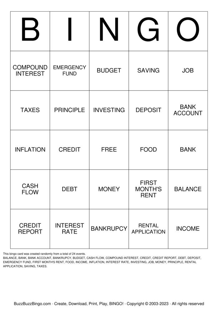 FINANCIAL LITERACY Bingo Cards to Download, Print and Customize!