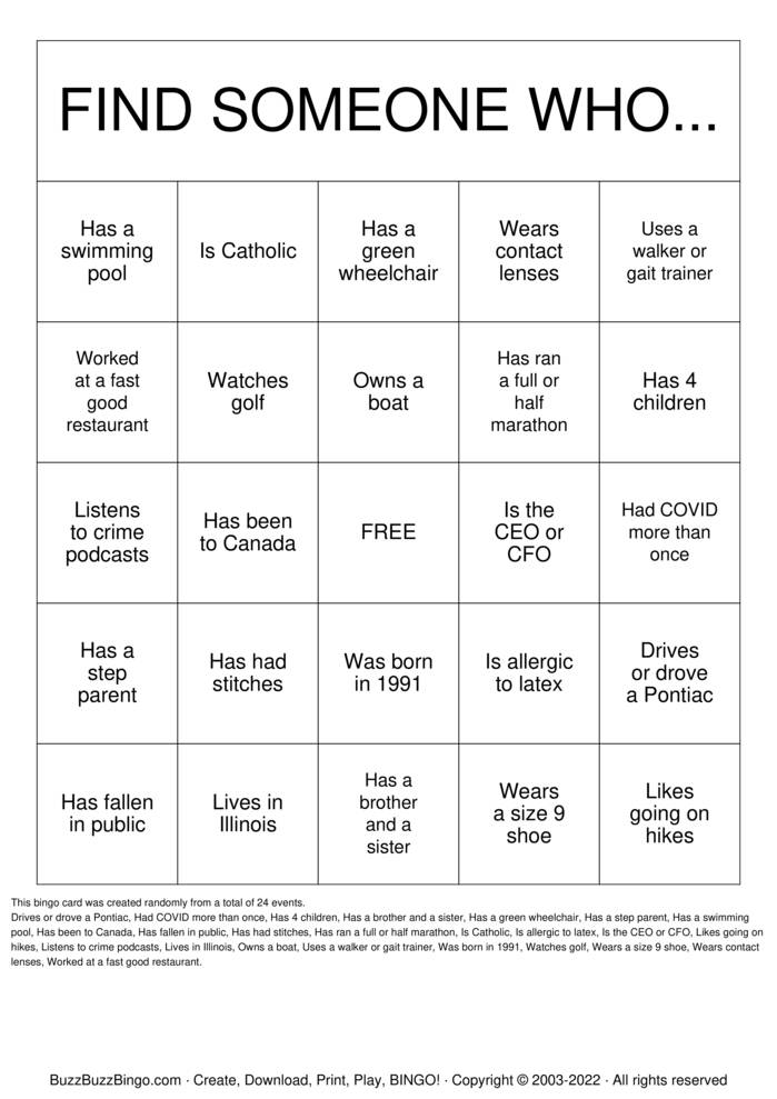 Find someone who... Bingo Cards to Download, Print and Customize!