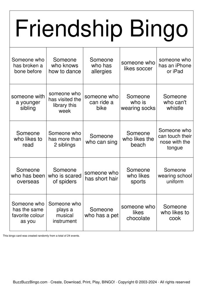 Friendship Bingo Bingo Cards to Download, Print and Customize!