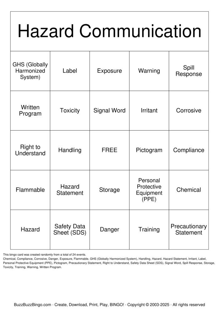 HazCom Bingo Cards to Download, Print and Customize!
