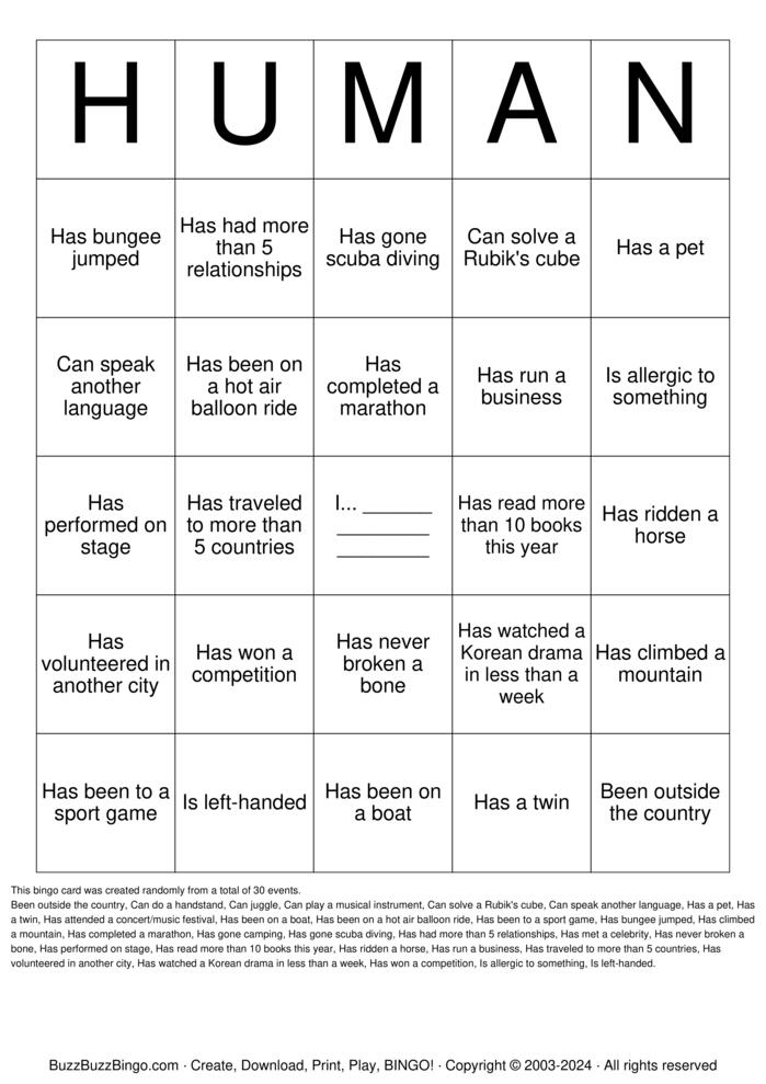 Human Bingo Cards to Download, Print and Customize!