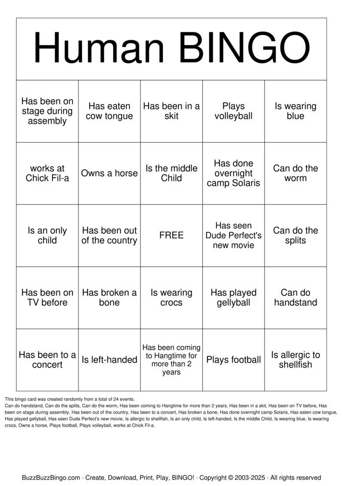 Human BINGO Bingo Cards to Download, Print and Customize!