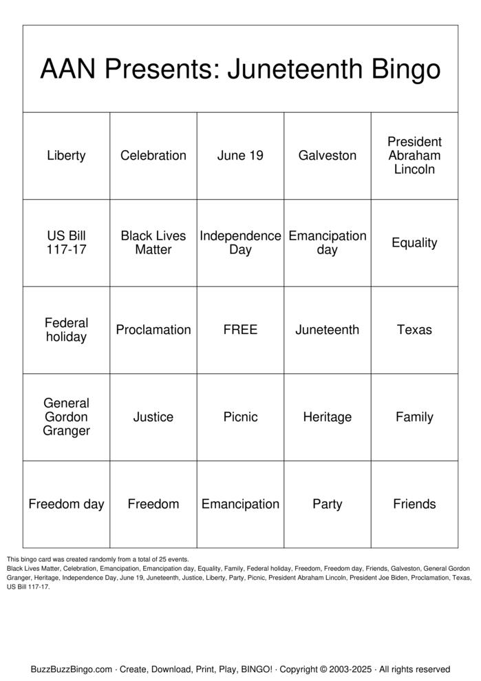 Juneteenth Bingo Cards to Download, Print and Customize!