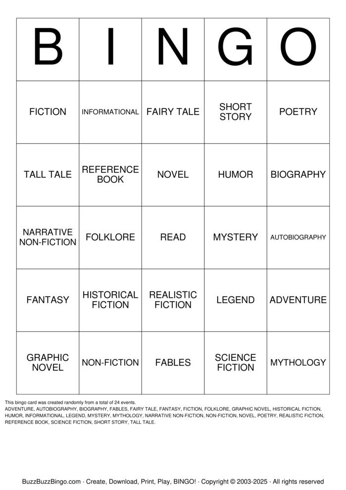 LITERARY GENRE BINGO Bingo Cards to Download, Print and Customize!