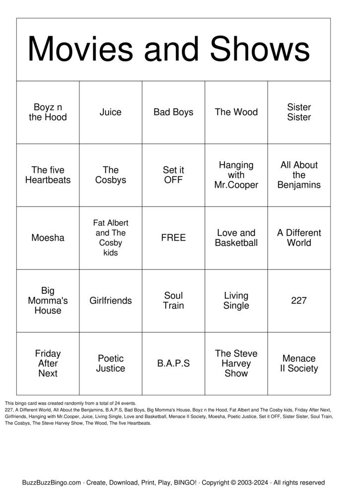 Movies and Shows Bingo Cards to Download, Print and Customize!