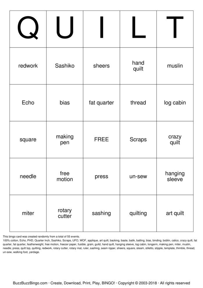 QUILT Bingo Cards to Download, Print and Customize!