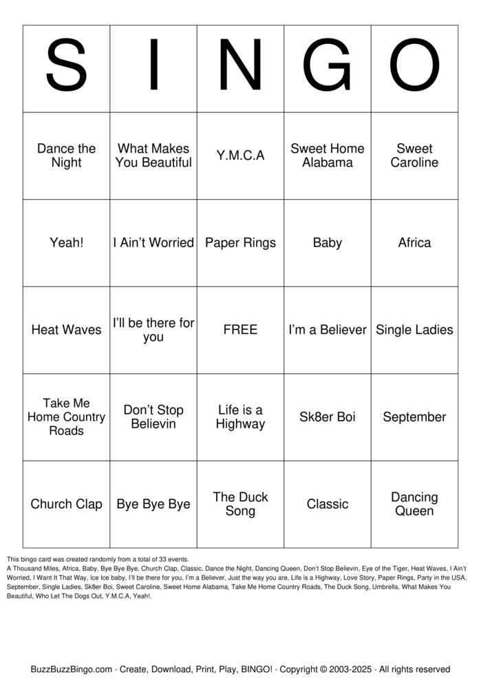SINGO - CLASSIC Bingo Cards to Download, Print and Customize!