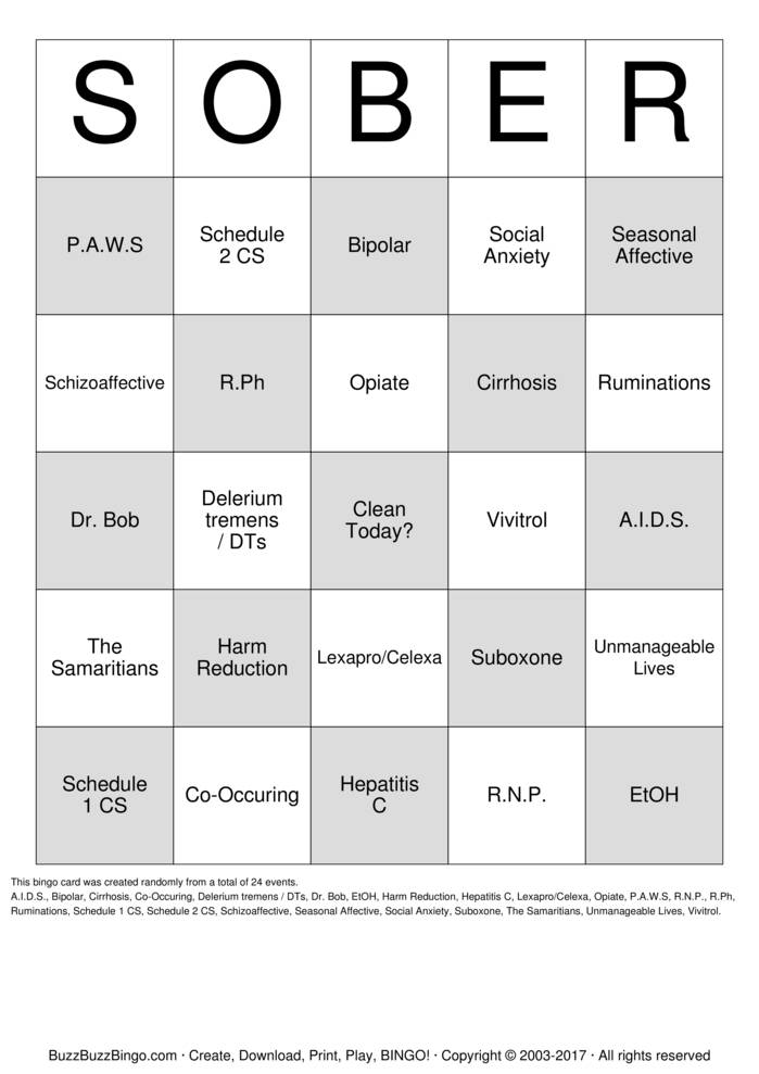 SOBER Bingo Cards to Download, Print and Customize!