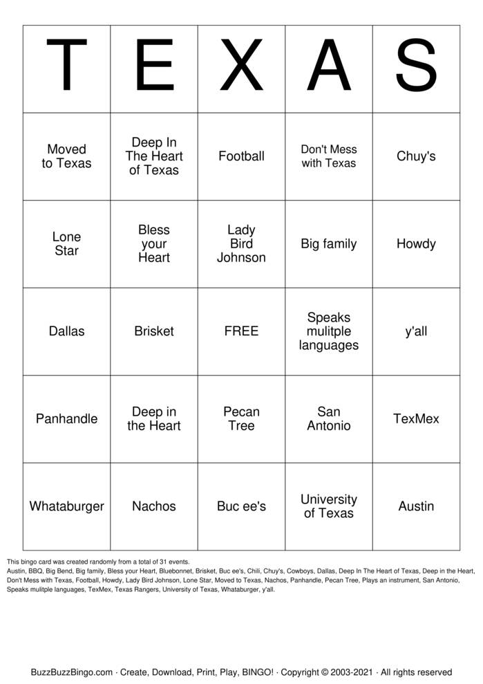 Texas Bingo Cards to Download, Print and Customize!