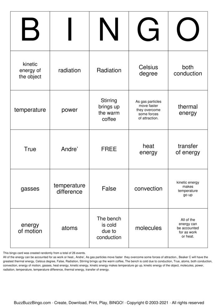 Thermal Energy Bingo Cards to Download, Print and Customize!