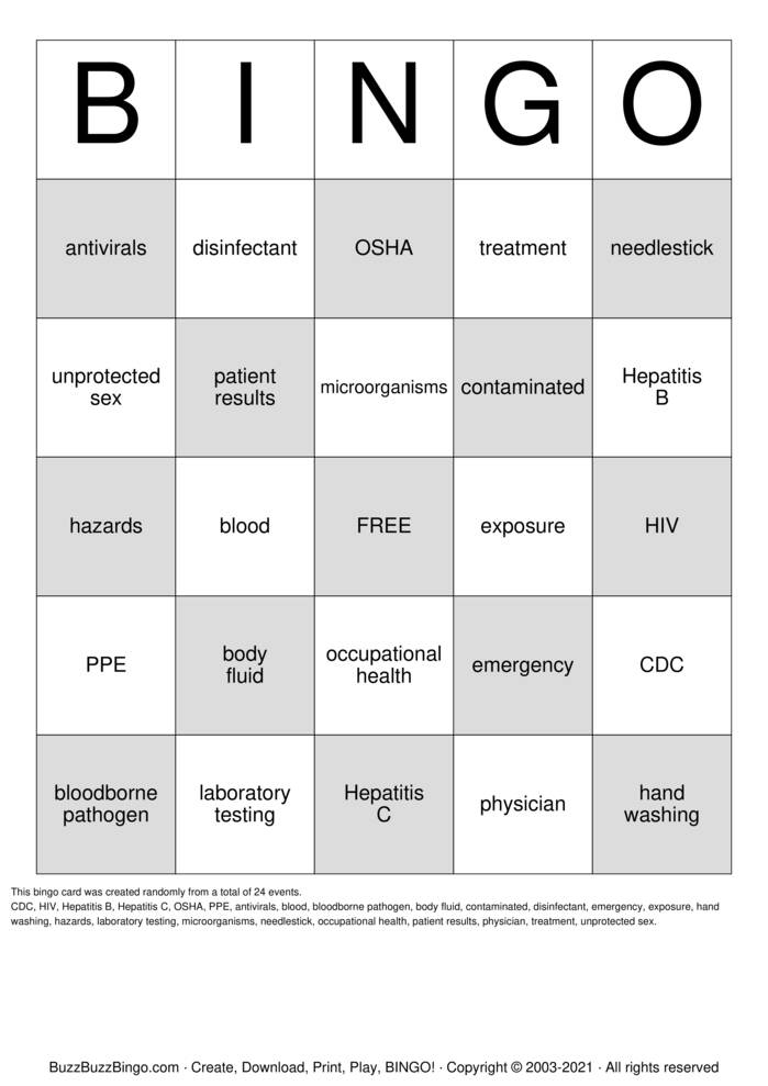 bloodborne pathogens Bingo Cards to Download, Print and Customize!