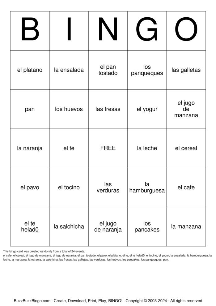 menu de comida Bingo Cards to Download, Print and Customize!