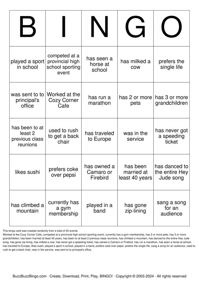 40th Class Reunion Bingo Cards to Download, Print and Customize!