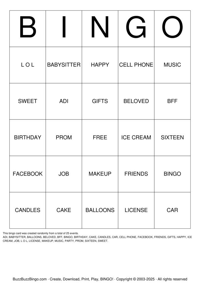 Adi's Sweet 16 Bingo Cards to Download, Print and Customize!