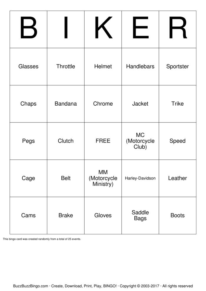 Biker Bingo Bingo Cards to Download, Print and Customize!