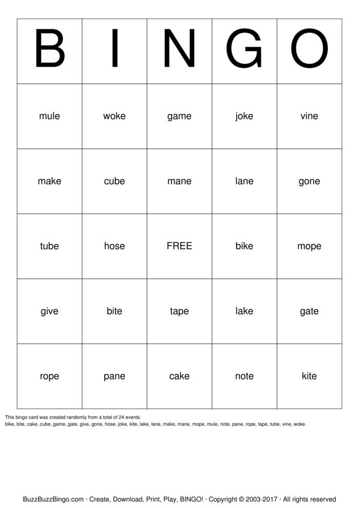 CVCe Bingo Cards to Download, Print and Customize!