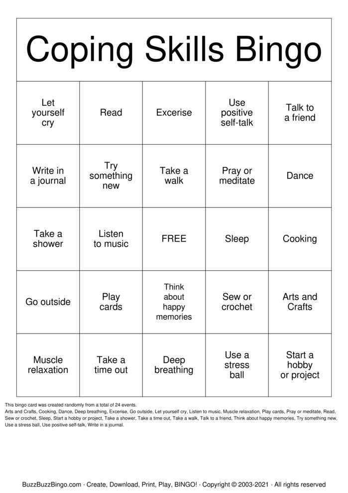 Coping Skills Bingo Cards to Download, Print and Customize!