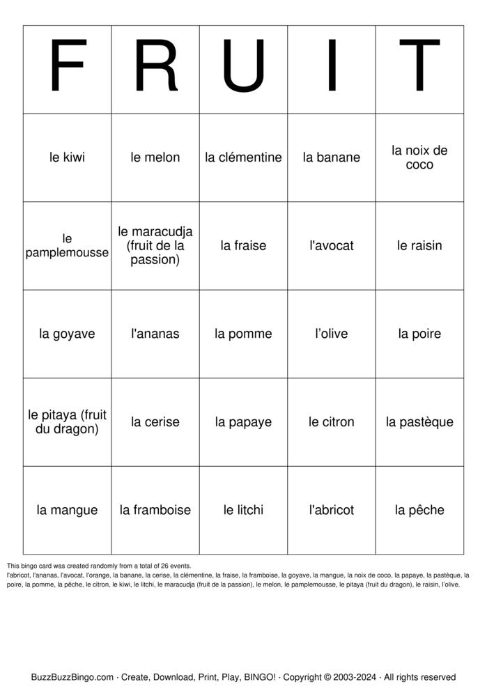 French Fruit Bingo Cards to Download, Print and Customize!