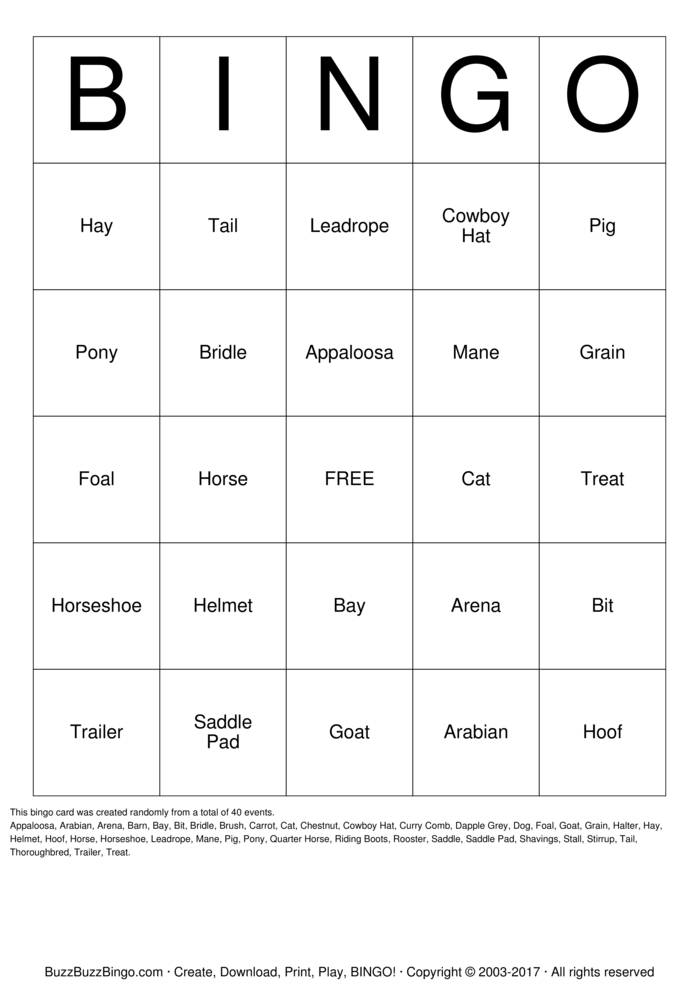 HORSE Bingo Cards to Download, Print and Customize!