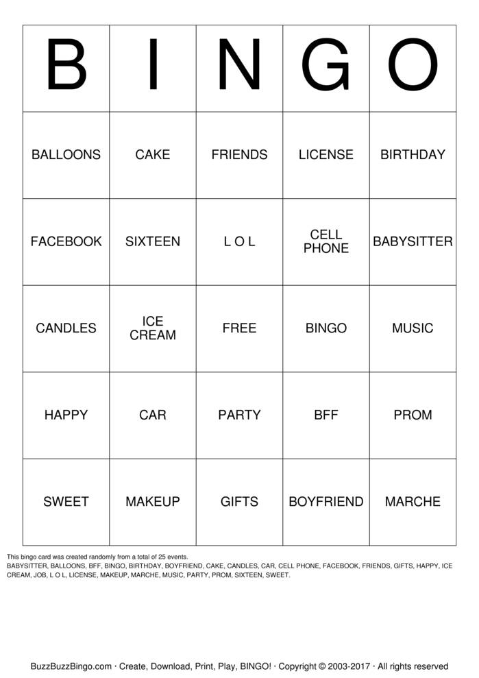 MARCHE Sweet 16 Bingo Bingo Cards to Download, Print and Customize!
