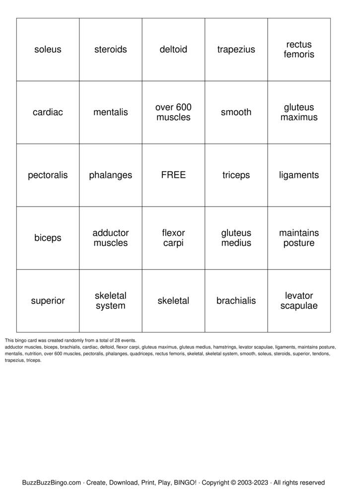 Muscular System Bingo Cards to Download, Print and Customize!