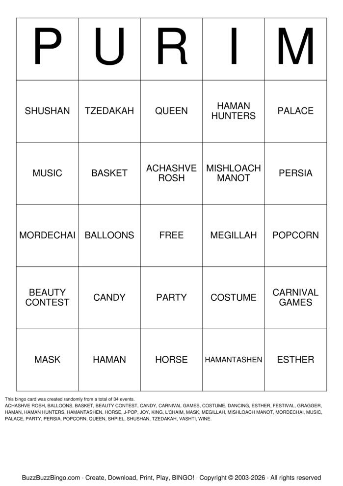 PURIM Bingo Cards to Download, Print and Customize!