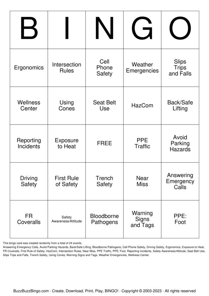 SAFE-T Bingo Cards to Download, Print and Customize!
