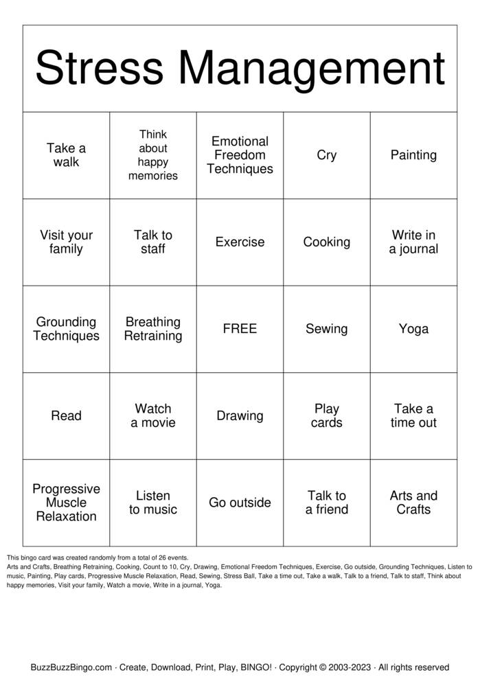 Stress Management Bingo Cards to Download, Print and Customize!