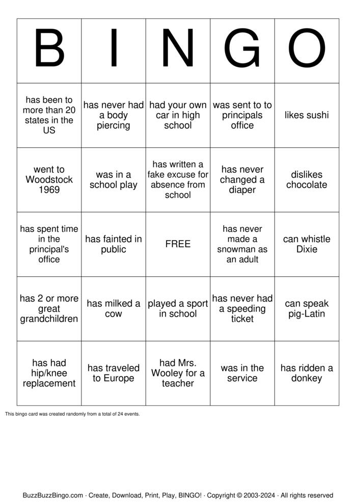 55th Class Reunion Bingo Cards to Download, Print and Customize!